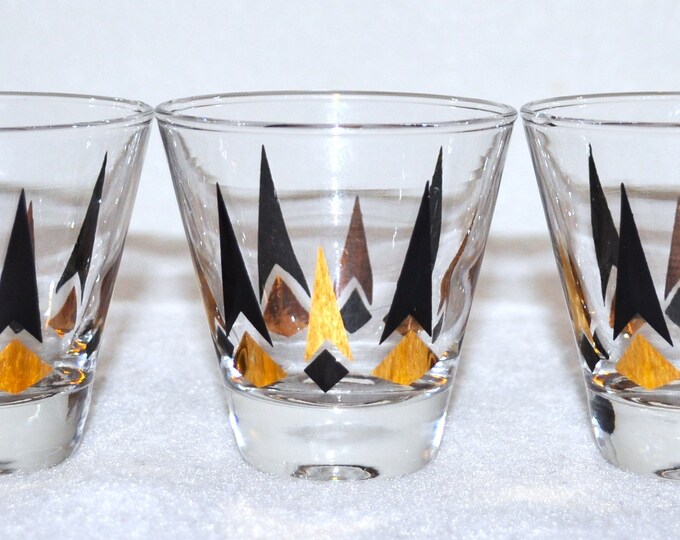 3 Anchor Hocking Golden Peaks Atomic Arrow Shot Glasses Glass Barware ...
