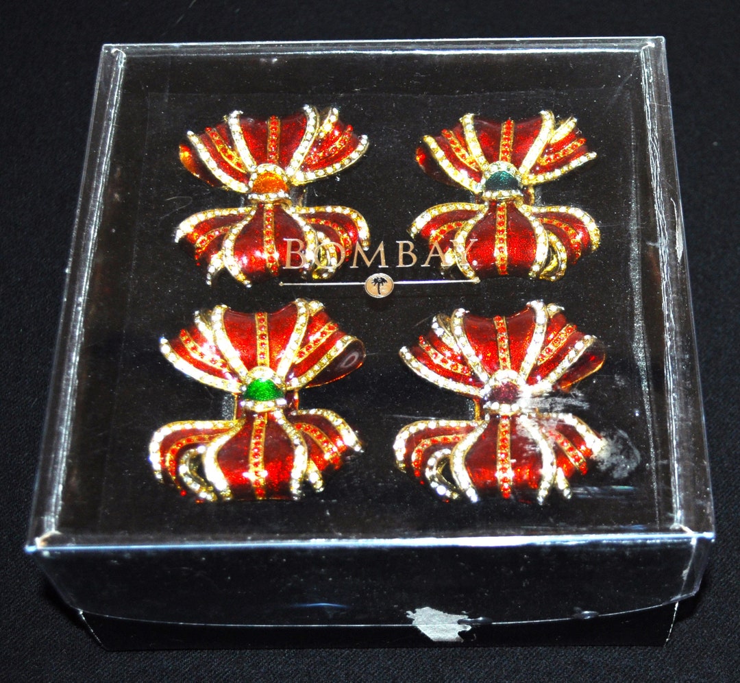Boxed Set of 4 Bombay Company Jeweled Bows NAPKIN RINGS Christmas Gold ...