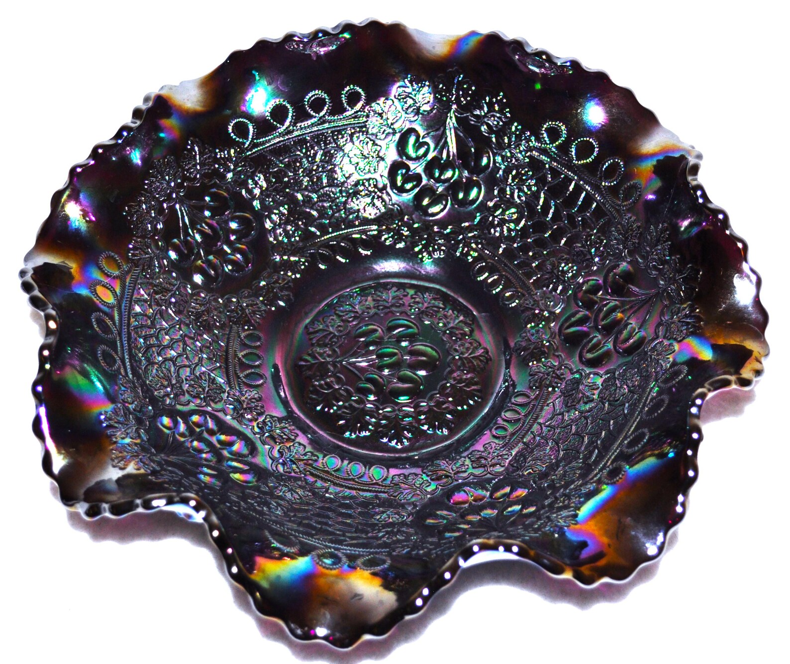 Vtg 1990s Fenton Black Amethyst Carnival Glass Marie Cherry Chain Tree ...