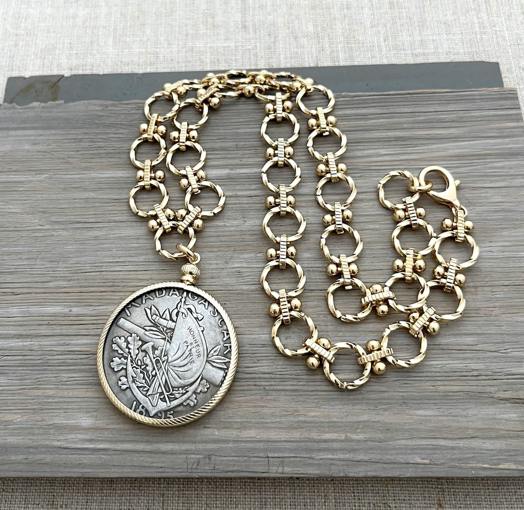 Madagascar Coin Necklace: Chunky Gold Chain, Reversible Medallion - Etsy