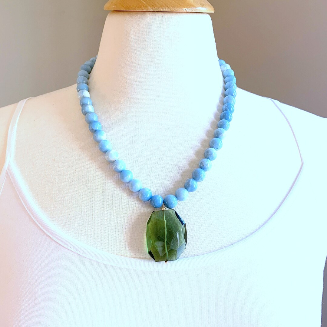 Larimar Quartz Necklace: Chunky Olive Green Pendant, Gold Filled Clasp ...