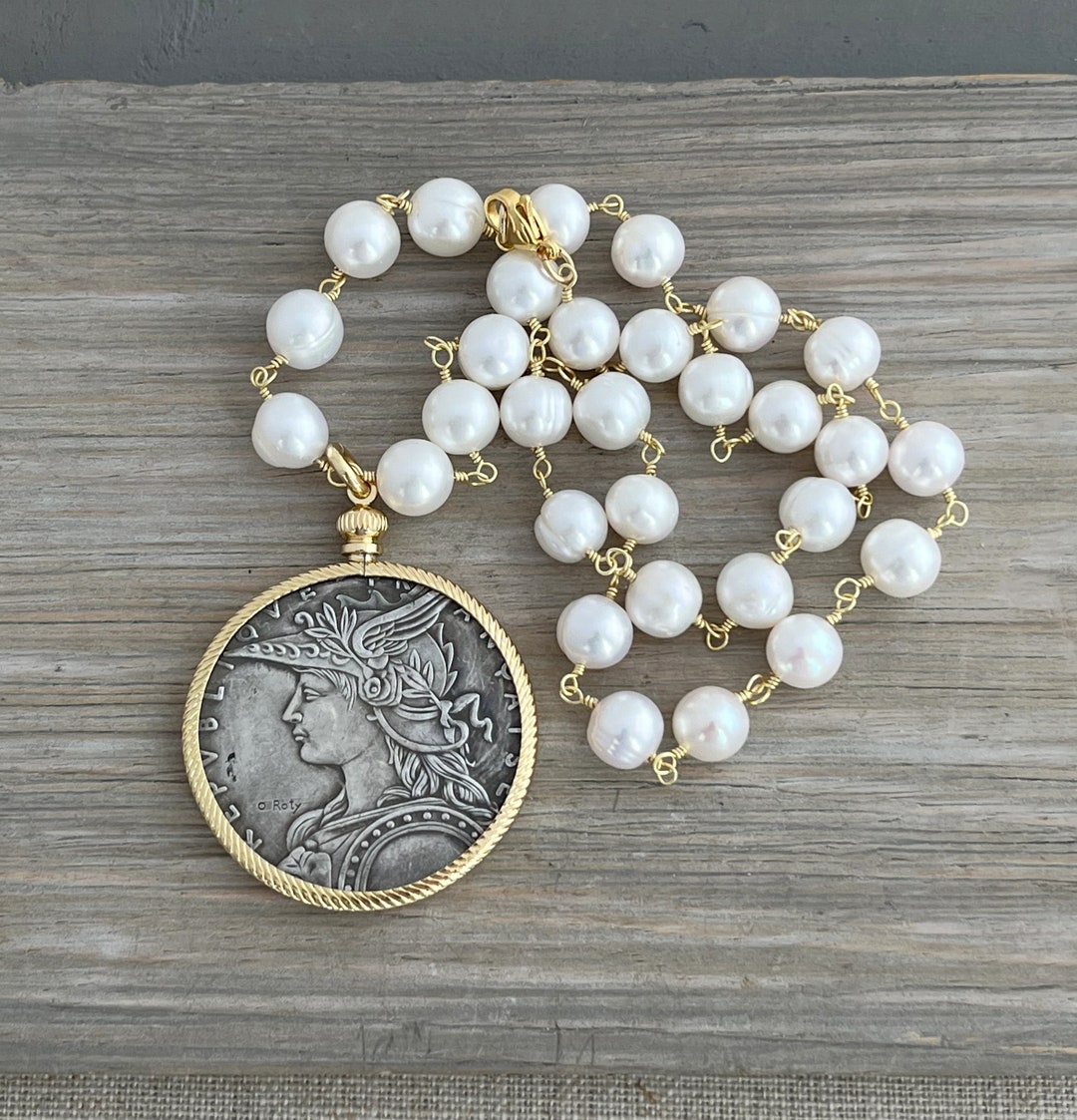 Reversible Coin Pendant Necklace: Freshwater Pearl Rosary Chain - Etsy