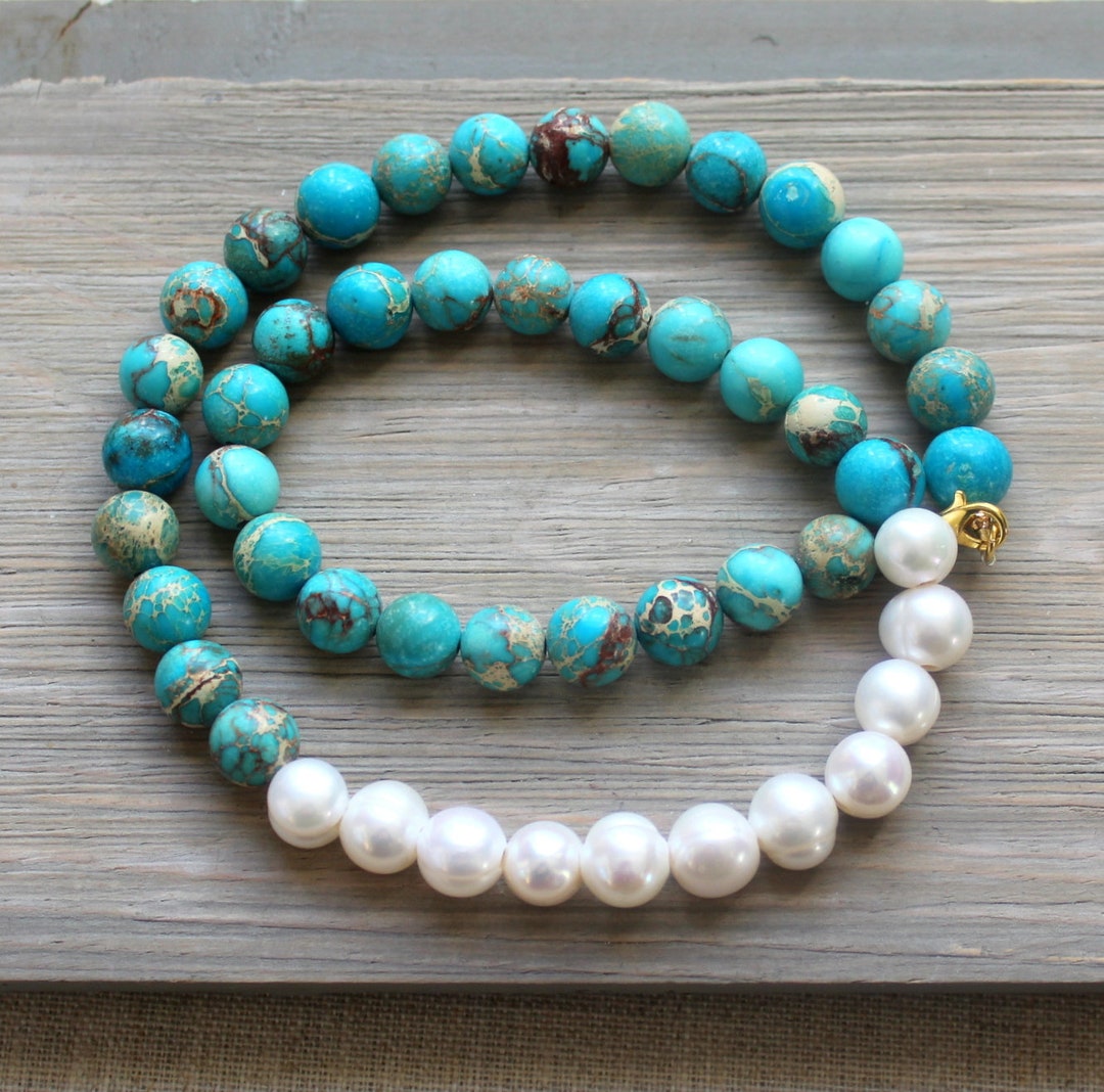 Turquoise & Pearl Necklace: Sea Sediment Jasper, Boho Statement Jewelry ...