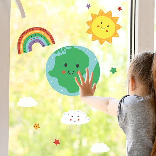 Happy Earth and Rainbow Window Stickers Rainbow Window Decal - Etsy