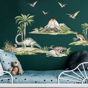 Watercolour Dinosaur Scene Wall Sticker Pack, Dinosaur Wall Decals ...