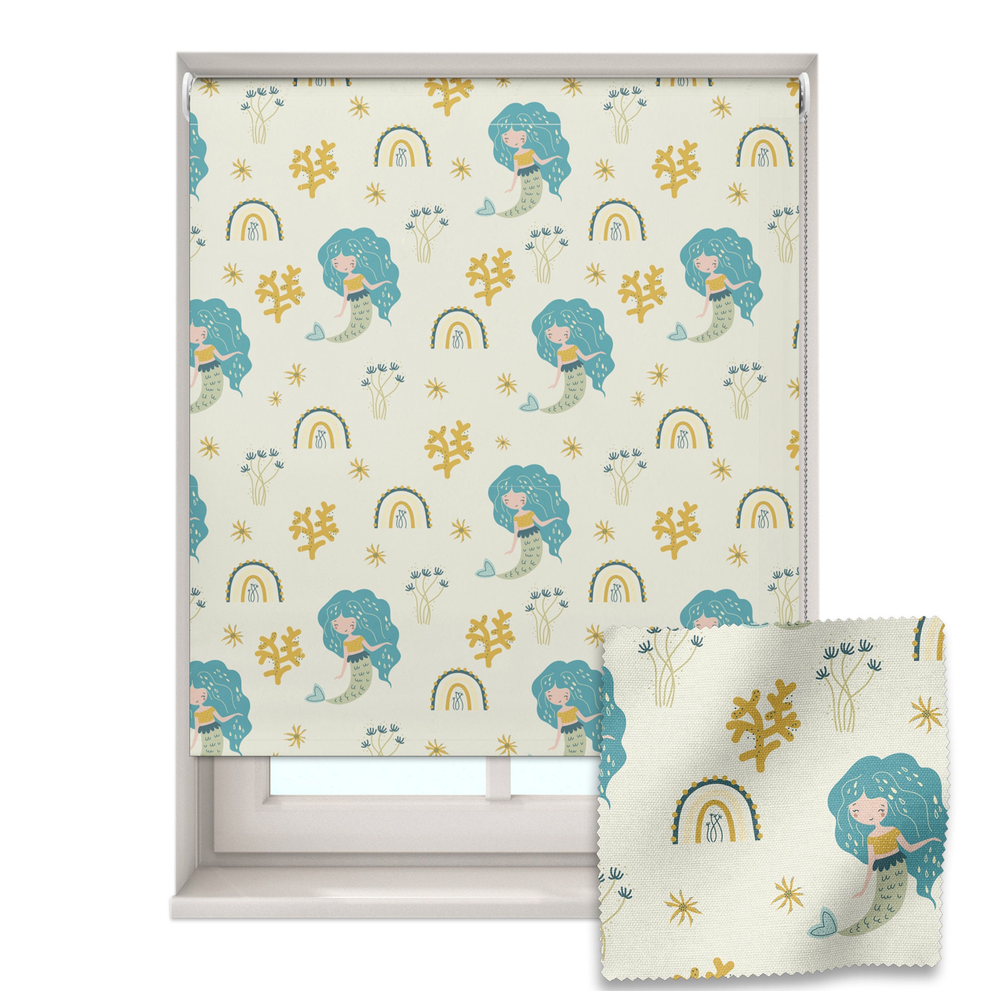 Mermaids and Rainbows Roller Blind, Mustard and Blue Mermaid Roller ...