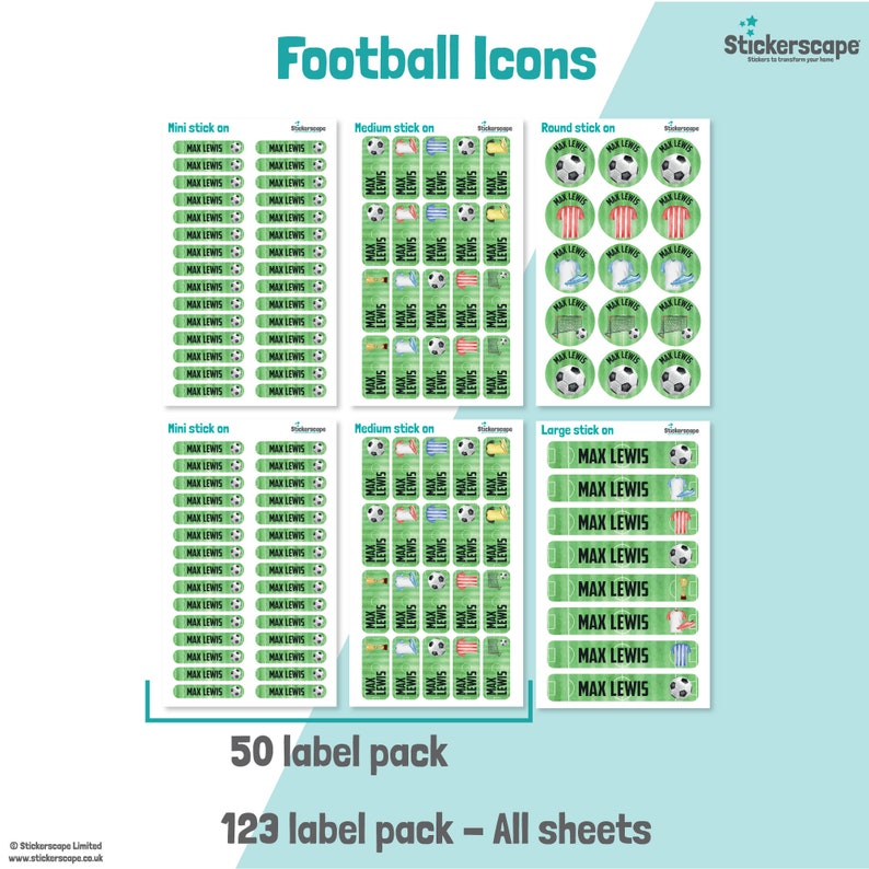 50 or 123 Stick on Name Labels, Football Icons Name Labels, School Name ...