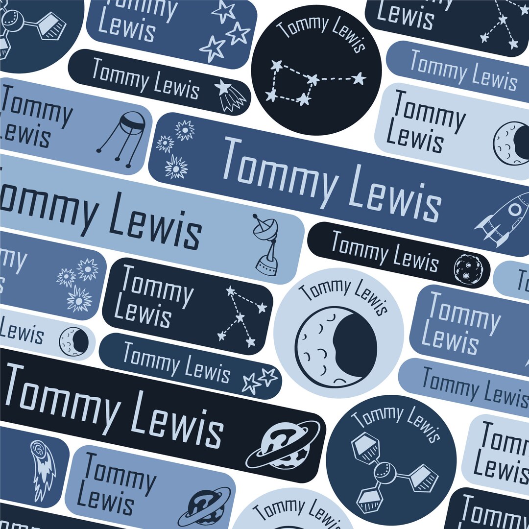 50 or 123 Stick on Name Labels, Space Doodles Name Labels, School Name ...