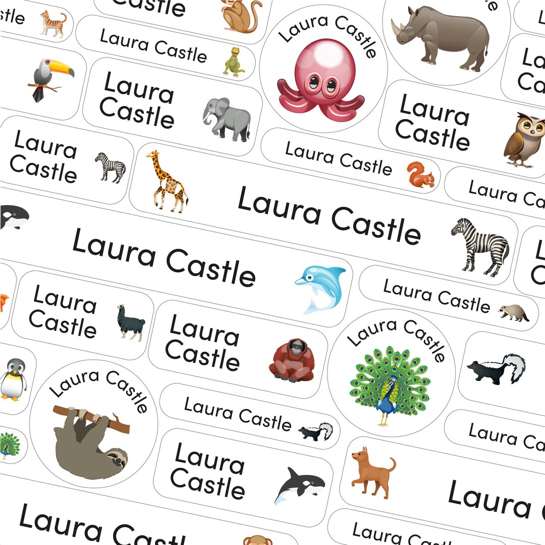 50 or 123 Stick on Name Labels, Official Emoji Animals, School Name ...