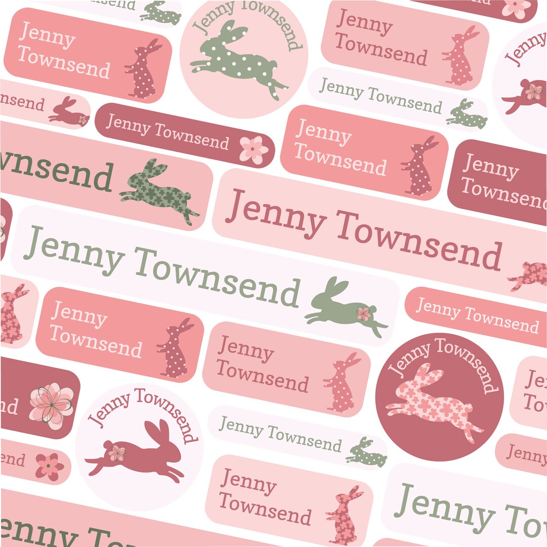 50 or 123 Stick on Name Labels, Bunnies Name Labels, School Name ...