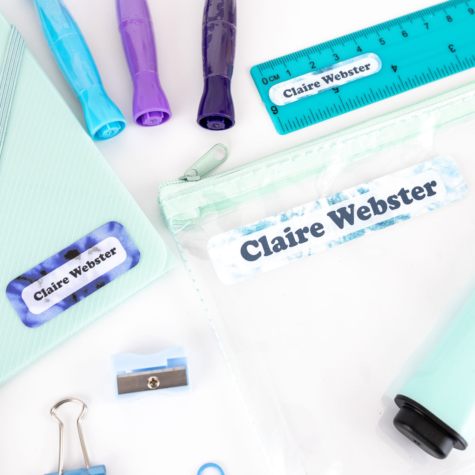 50 or 123 Stick on Name Labels, Blue Tie Dye Name Labels, School Name ...
