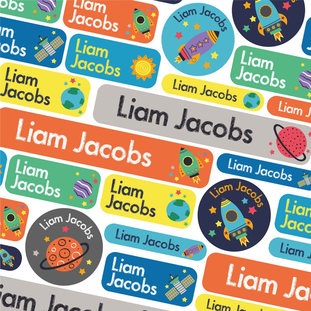 50 or 123 Stick on Name Labels, Space Name Labels School Name Stickers ...