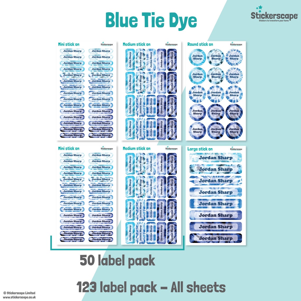 50 or 123 Stick on Name Labels, Blue Tie Dye Name Labels, School Name ...