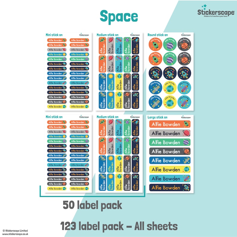 50 or 123 Stick on Name Labels, Space Name Labels School Name Stickers ...