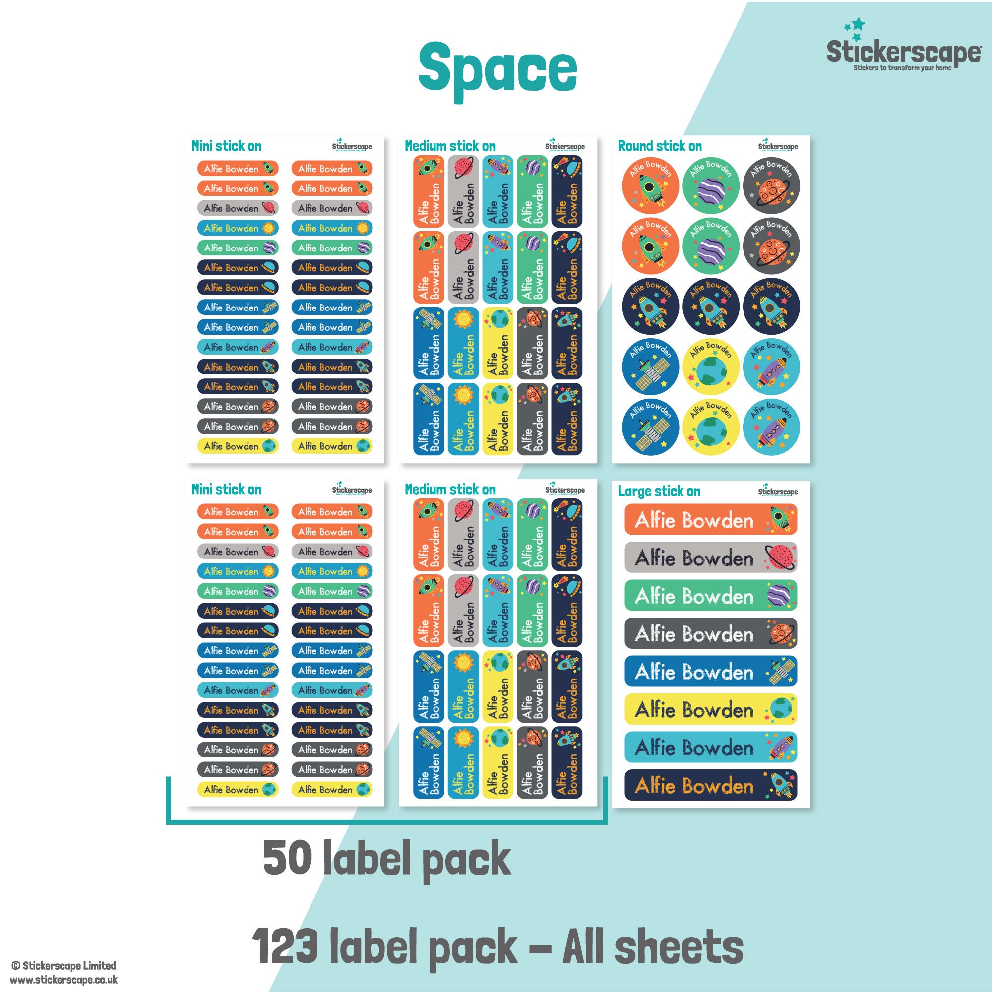 50 or 123 Stick on Name Labels, Space Name Labels School Name Stickers ...