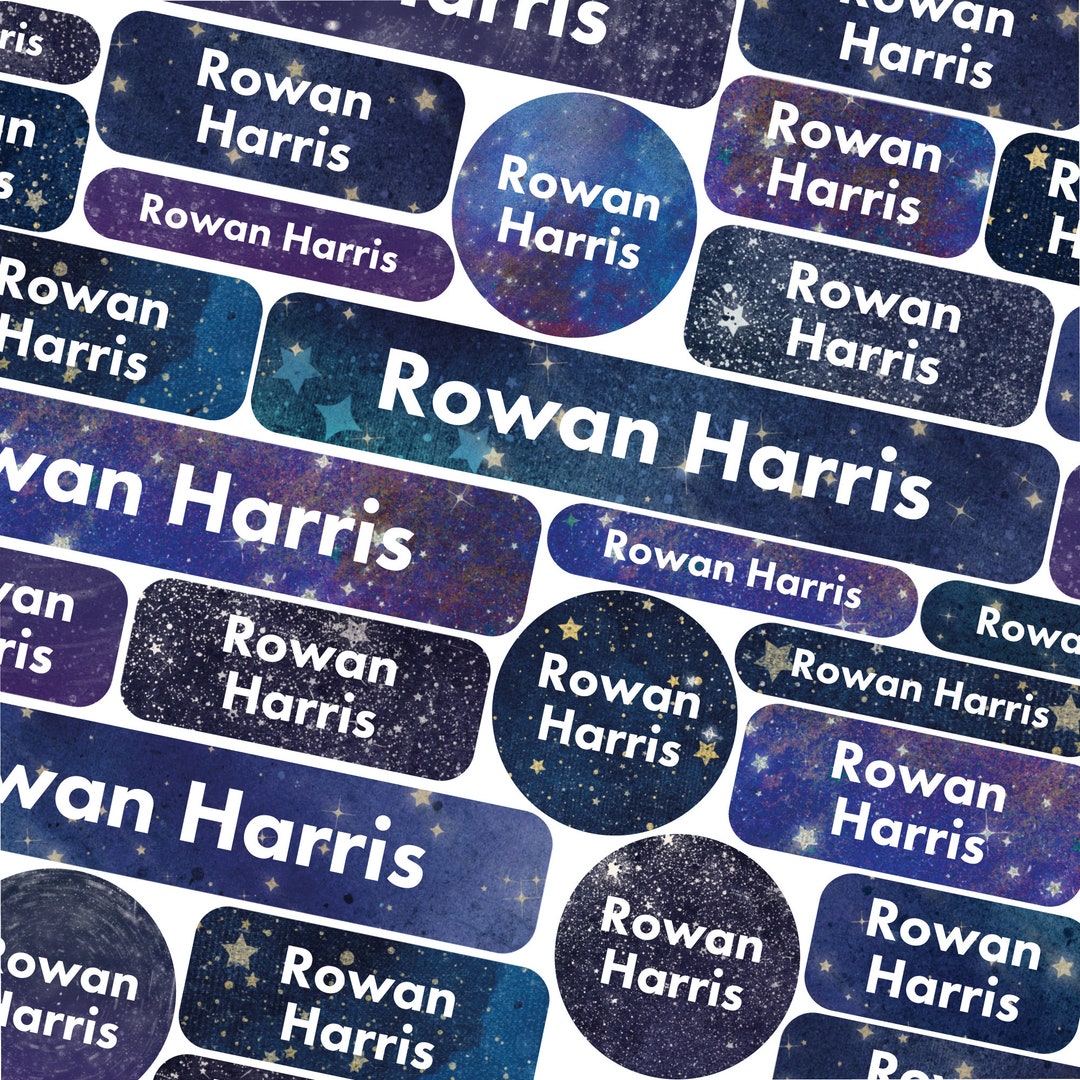 50 or 123 Stick on Name Labels, Night Sky Name Labels, School Name ...