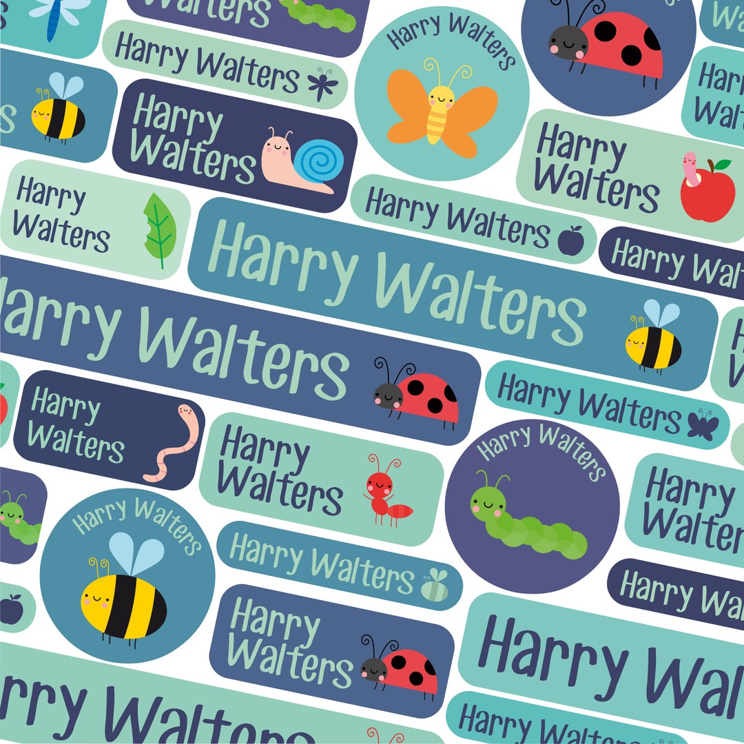 50 or 123 Stick on Name Labels, Blue Insect Name Labels, School Name ...