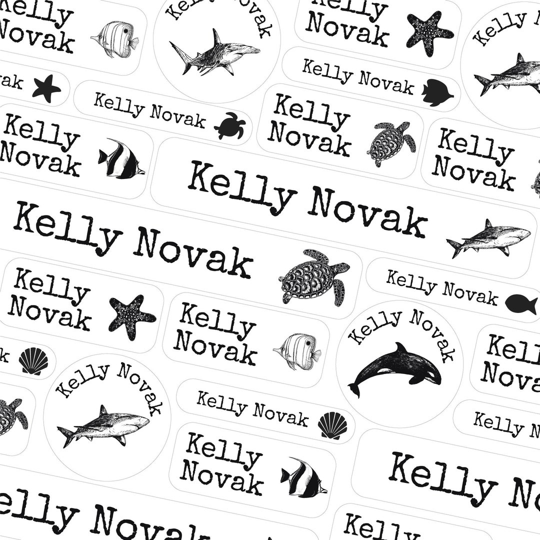 50 or 123 Stick on Name Labels, Sea Creatures Name Labels, School Name ...