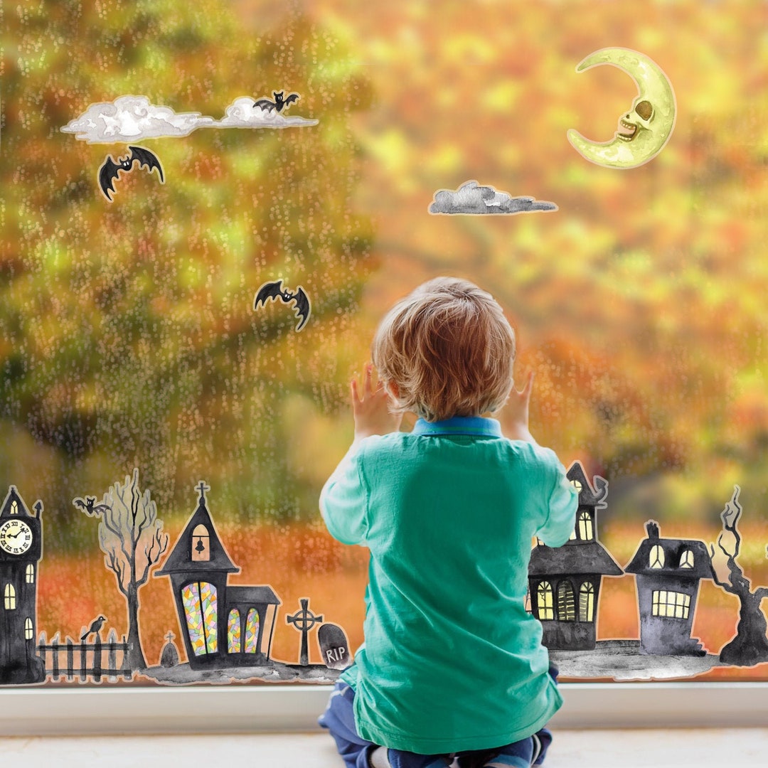 Haunted Village Window Stickers, Night Time Haunted House Window ...