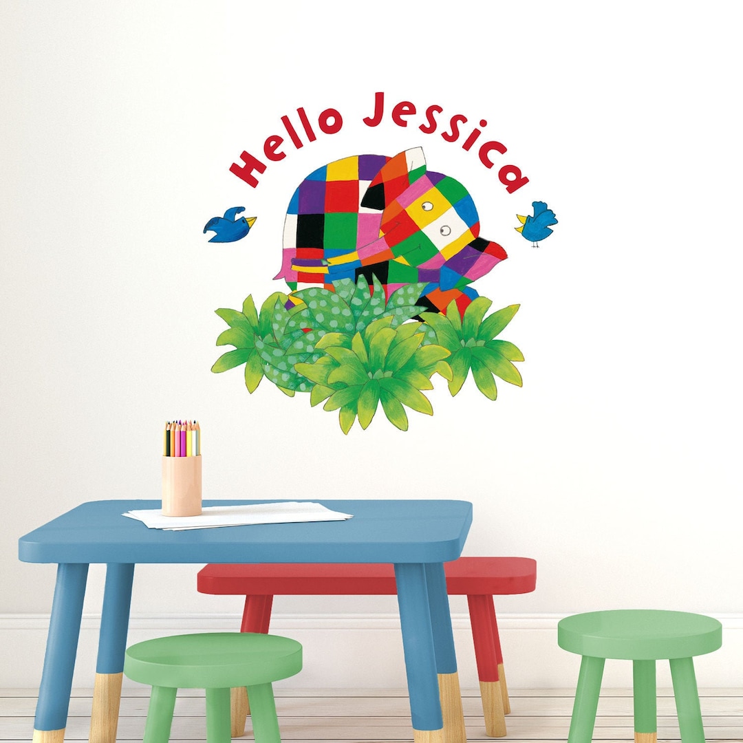 Personalised Hello Elmer Wall Sticker, Elmer the Patchwork Elephant ...