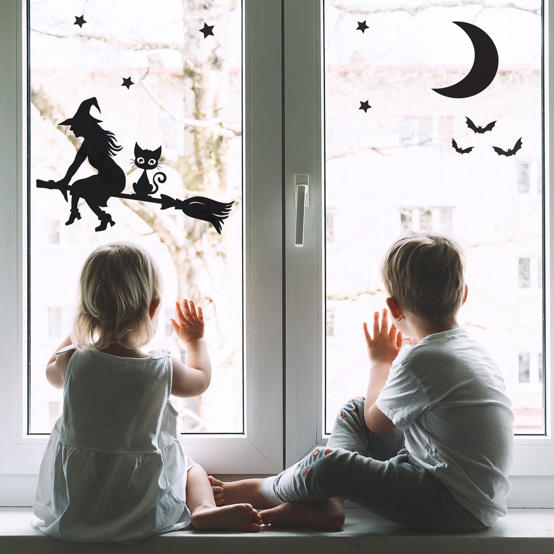 Witch and Cat on a Broomstick Window Sticker Pack, Halloween Witch ...