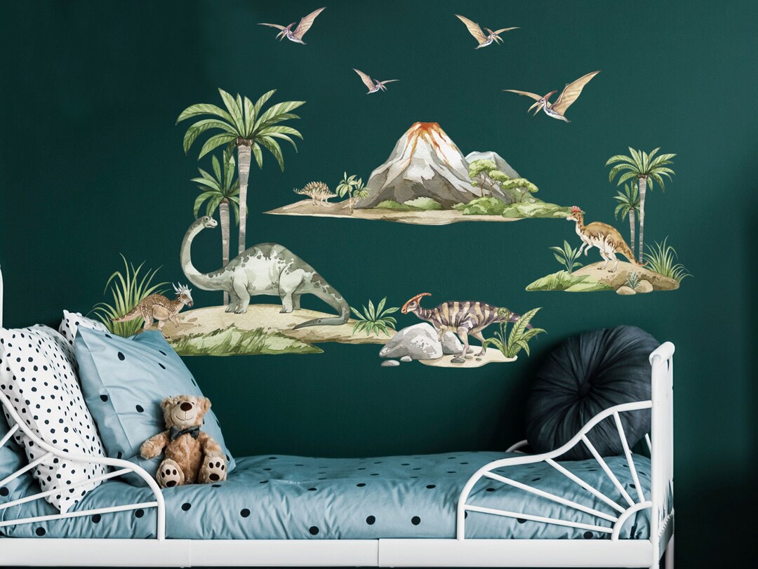 Watercolour Dinosaur Scene Wall Sticker Pack, Dinosaur Wall Decals ...