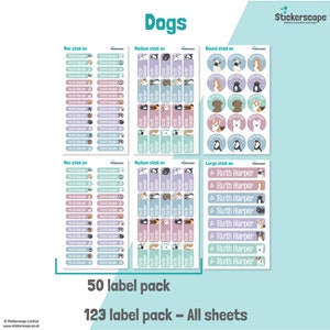 50 or 123 Stick on Name Labels, Dog Name Labels, Pet School Name ...