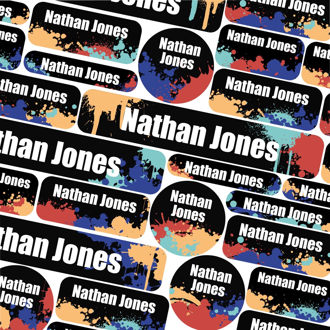 50 or 123 Stick on Name Labels, Paint Splatter Name Labels, School Name ...