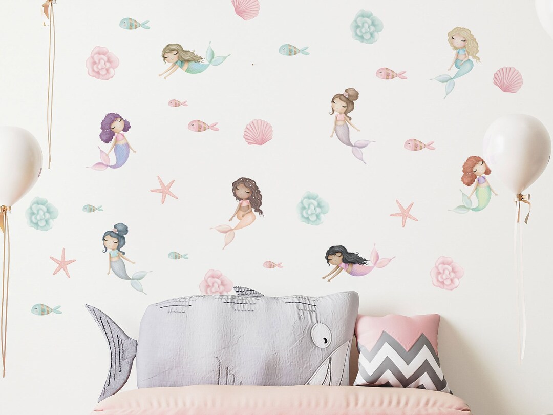 Cute Mermaid Wall Sticker Pack, Pink and Blue Mermaid Wall Decals ...
