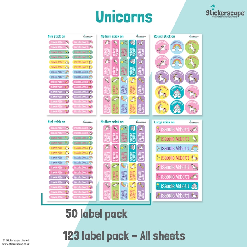 50 or 123 Stick on Name Labels, Unicorn Name Labels, School Name ...