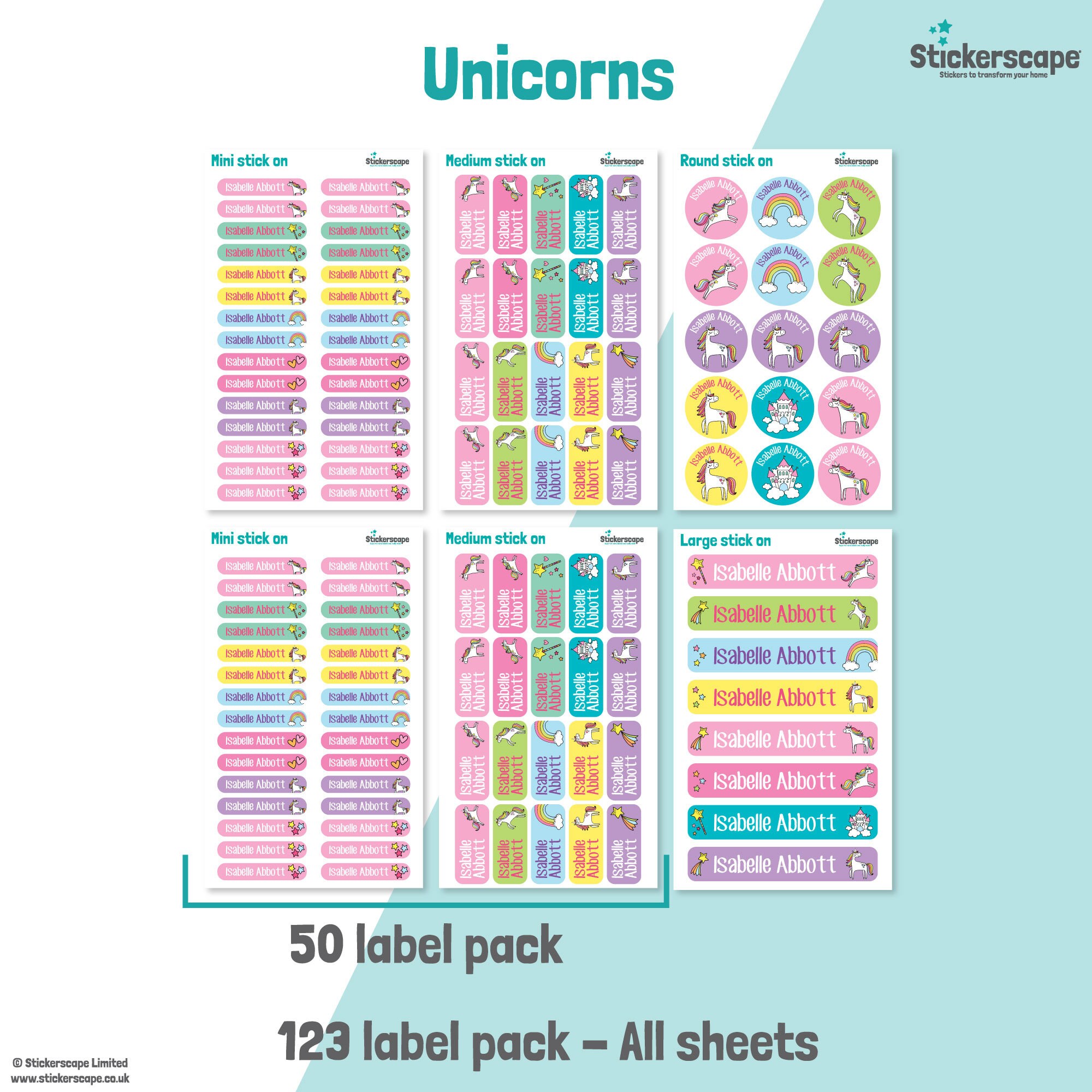 50 or 123 Stick on Name Labels, Unicorn Name Labels, School Name ...