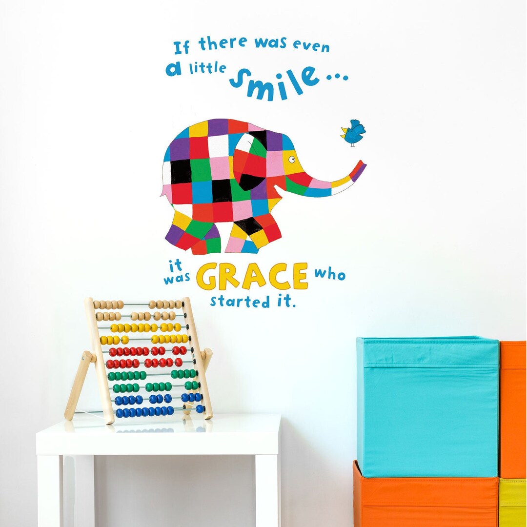 Personalised Elmer Little Smile Wall Sticker, Elmer the Patchwork ...