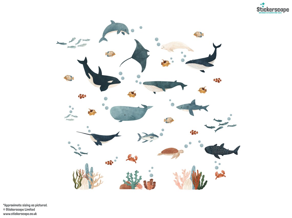 Ocean Friends Scene Wall Sticker Pack, Underwater Wall Decals, Whale ...