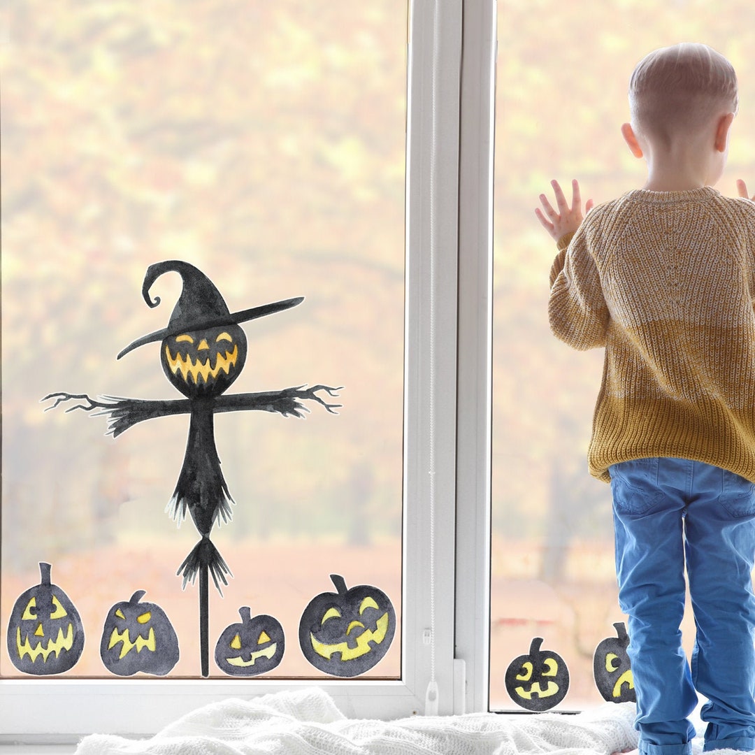 Halloween Scarecrow and Pumpkin Window Stickers, Halloween Window ...