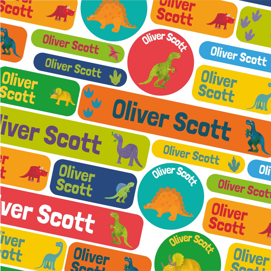 50 or 123 Stick on Name Labels, Dinosaur Name Labels, School Name ...
