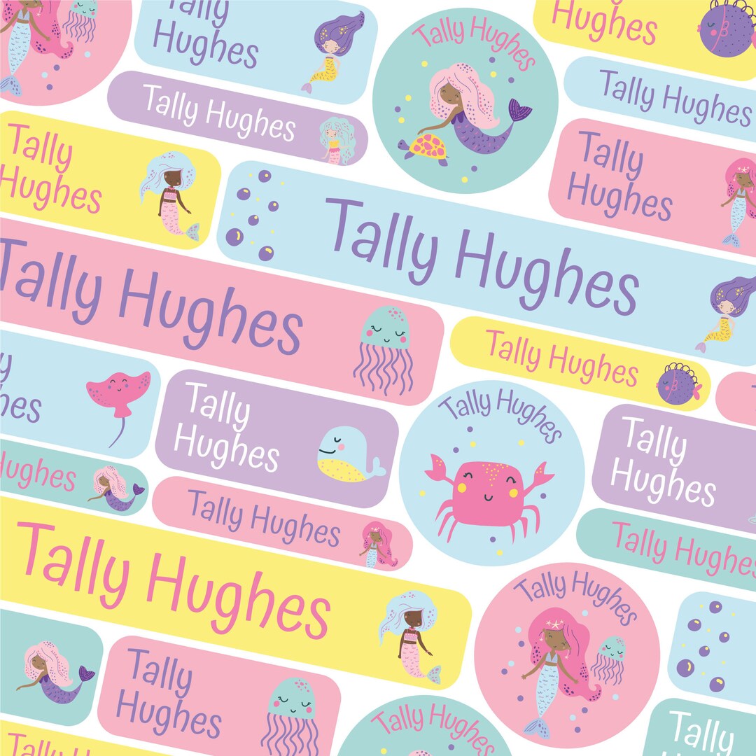 50 or 123 Stick on Name Labels, Mermaid Name Labels, School Name ...