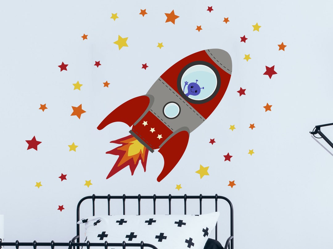 Red Flying Rocket Wall Sticker, Red Rocket Wall Sticker, Rocket Wall ...
