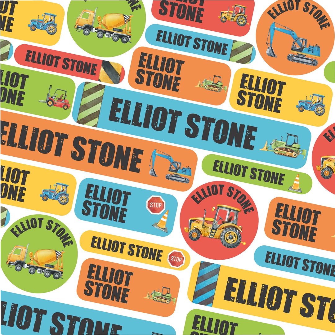 50 or 123 Stick on Name Labels, Construction Name Labels, School Name ...