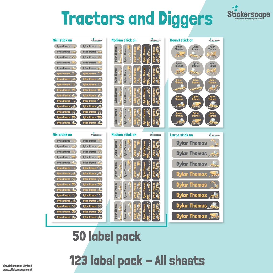 50 or 123 Stick on Name Labels, Tractors and Diggers Name Labels ...