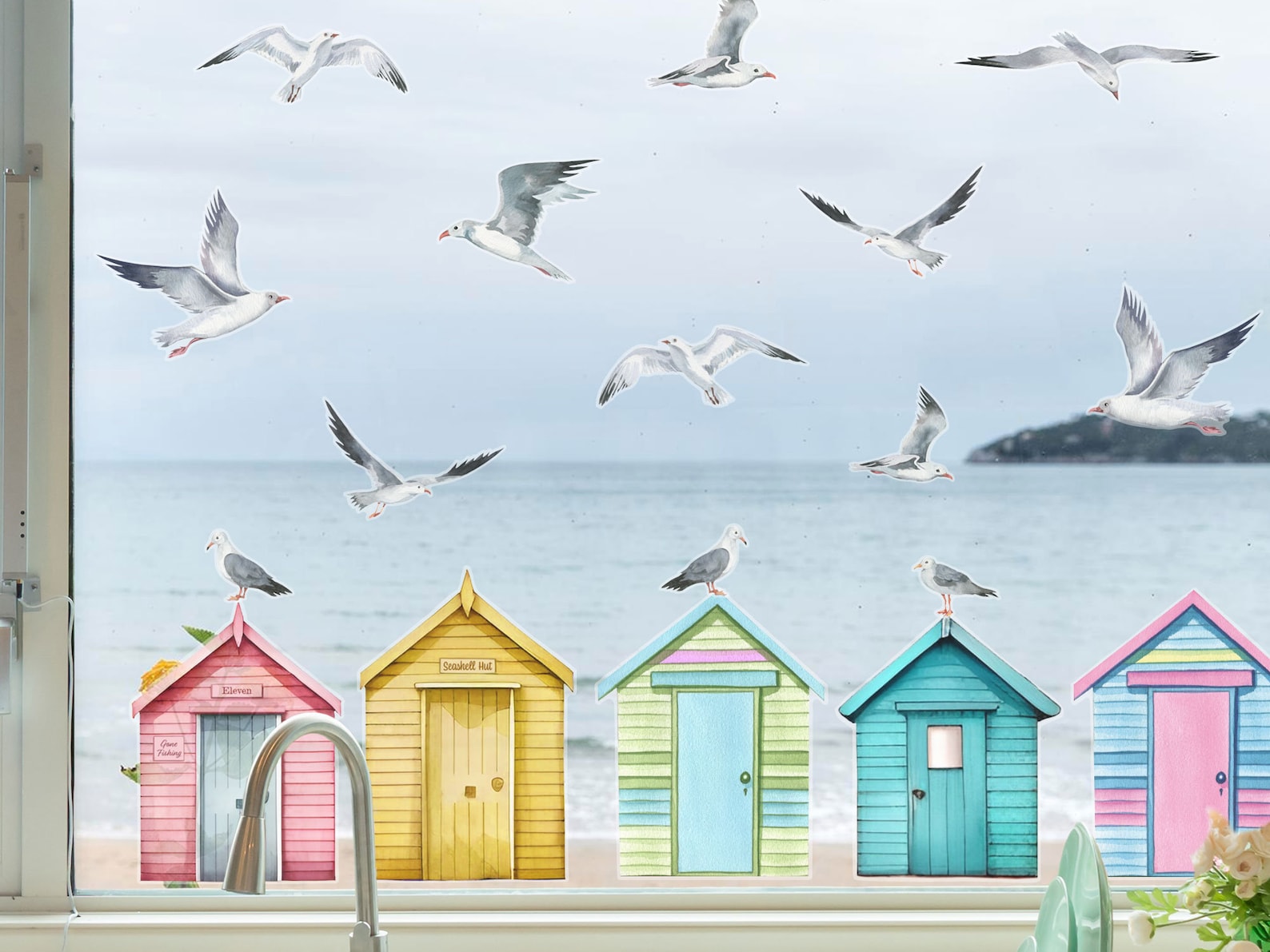 Beach Hut and Seagulls Window Stickers, Bird Window Decoration, Summer ...