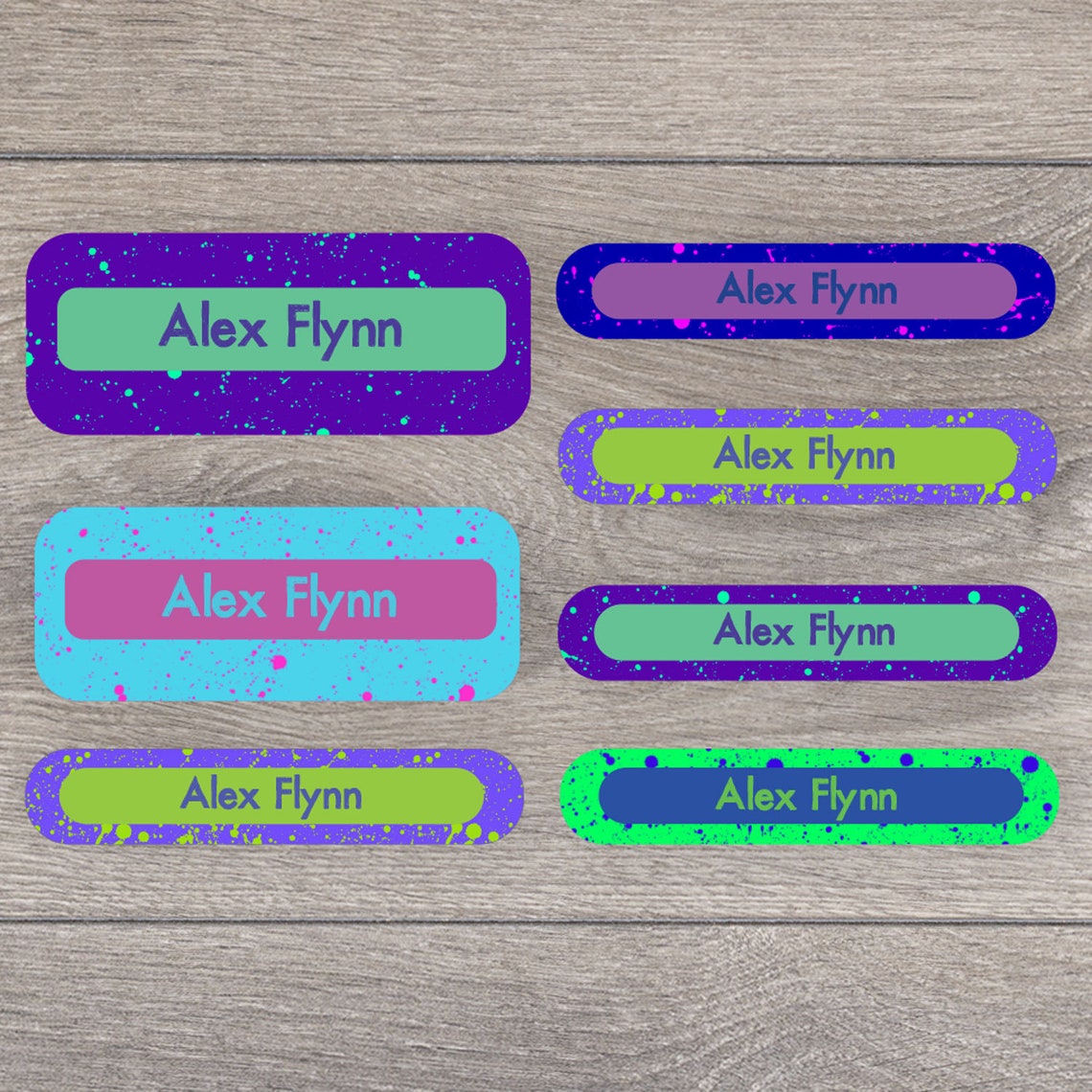 Personalised paint splatter name labels School name tags | Etsy