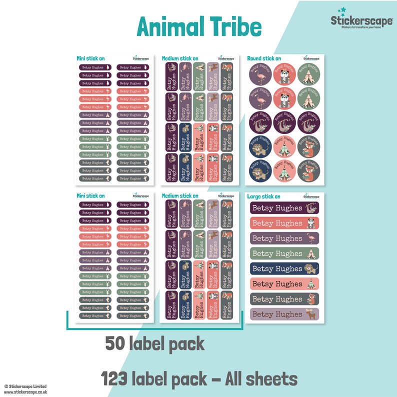 50 or 123 Stick on Name Labels, Animal Tribe Name Labels, School Name ...