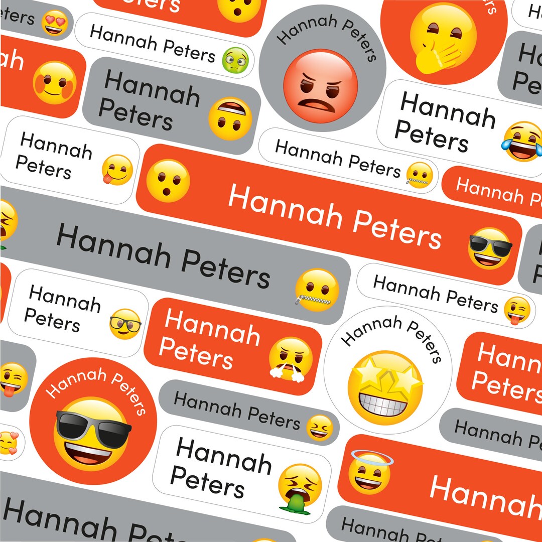 50 or 123 Stick on Name Labels, Official Emoji Faces Name Labels ...