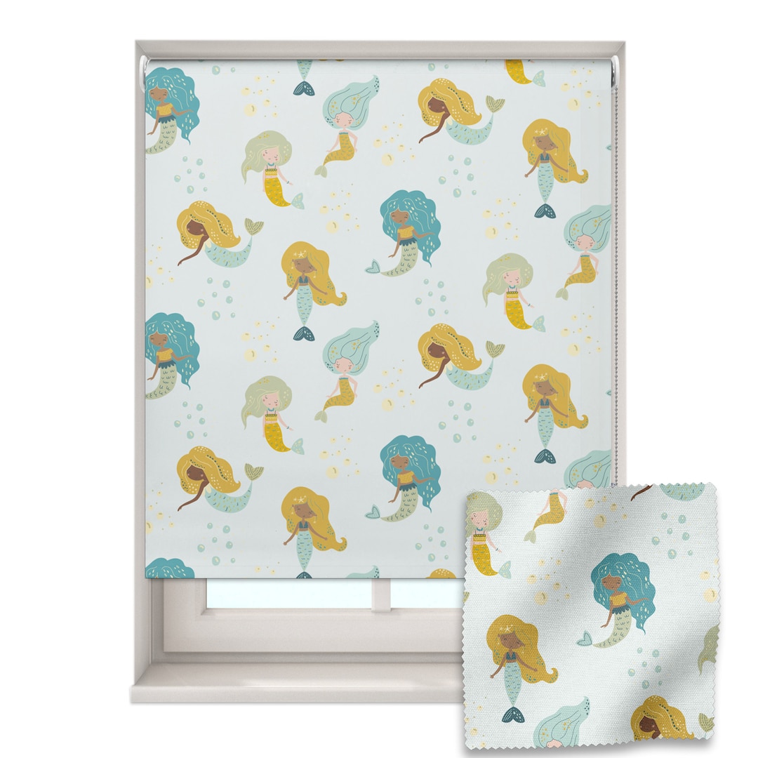 Mermaids and Bubbles Roller Blind, Mustard and Blue Mermaid Roller ...