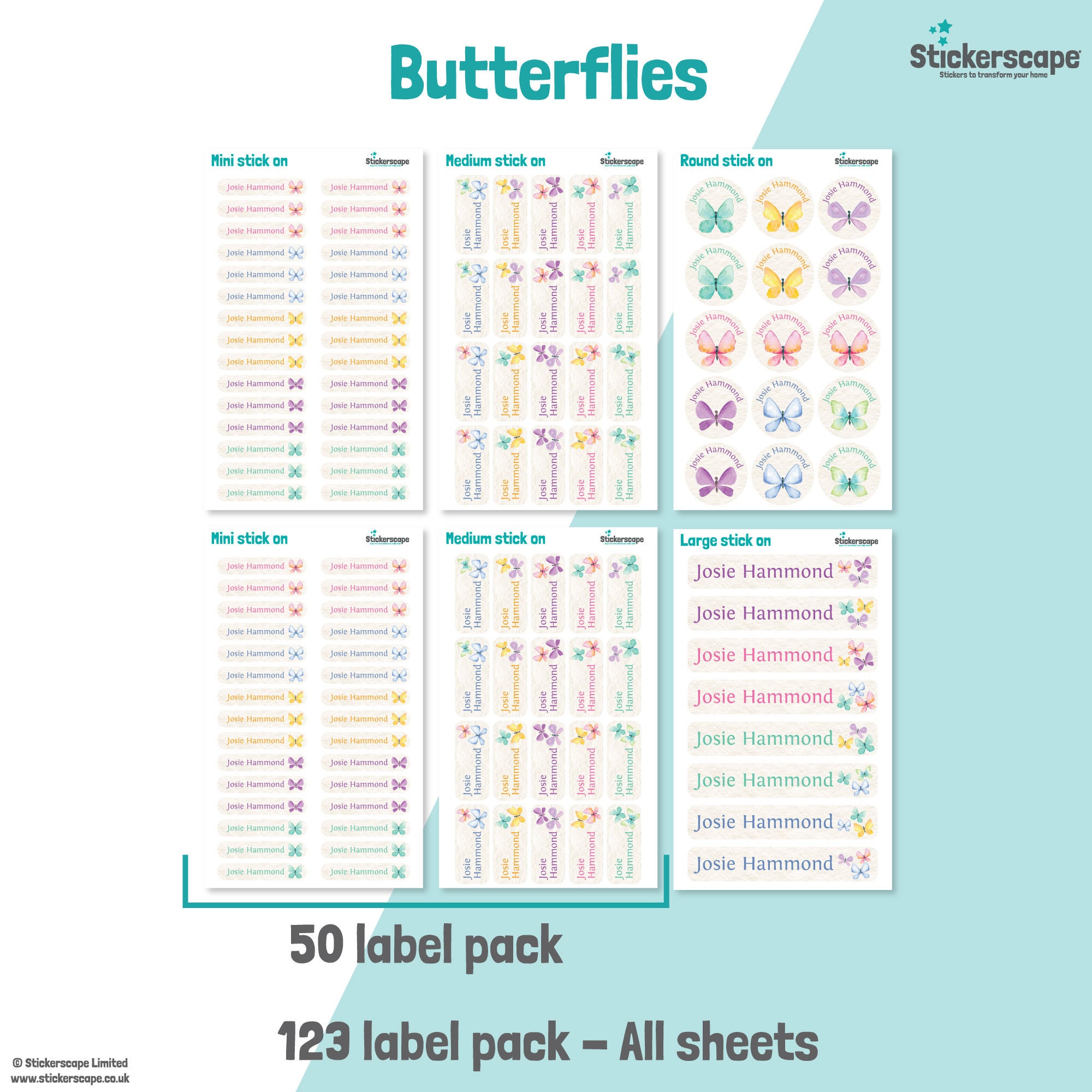 50 or 123 Stick on Name Labels, Butterfly Name Labels, School Name ...