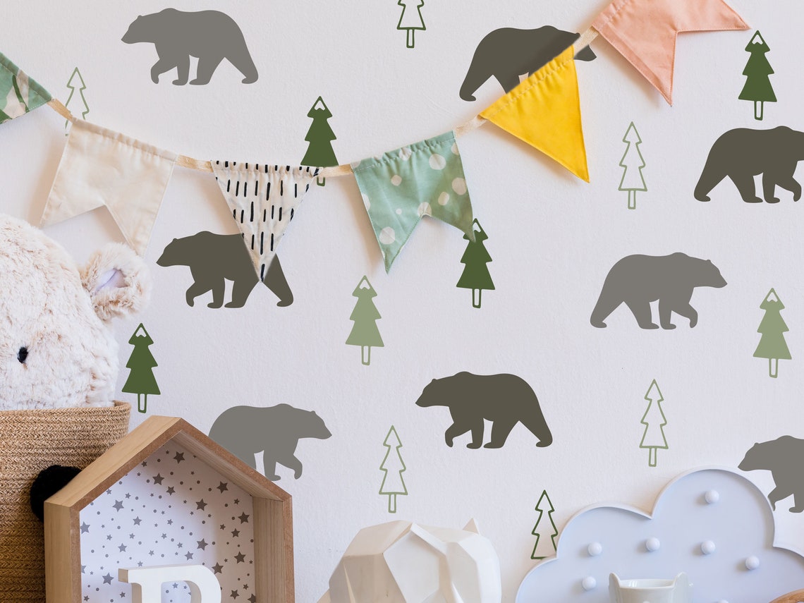 Bear Forest Wall Sticker Pack Bear Wall Decal Forest Wall - Etsy