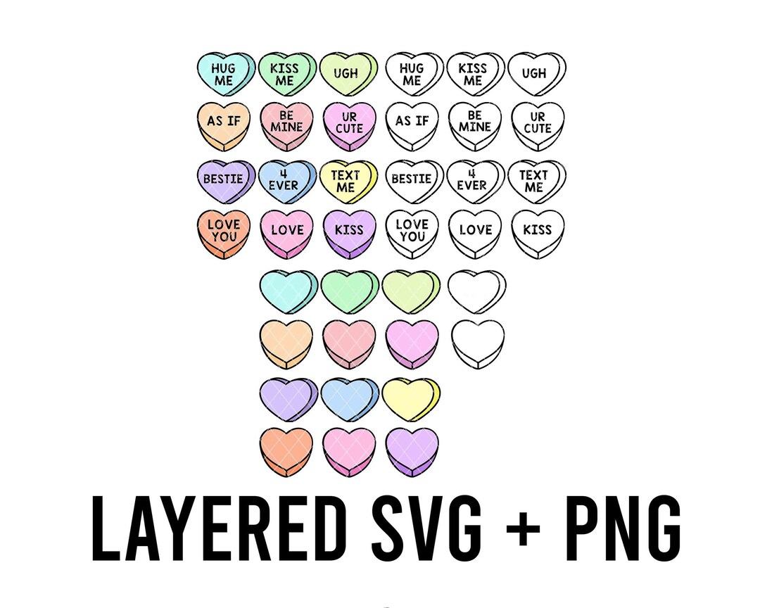 Valentine Pastel Candy Heart SVG, Conversations Hearts, Layered by ...