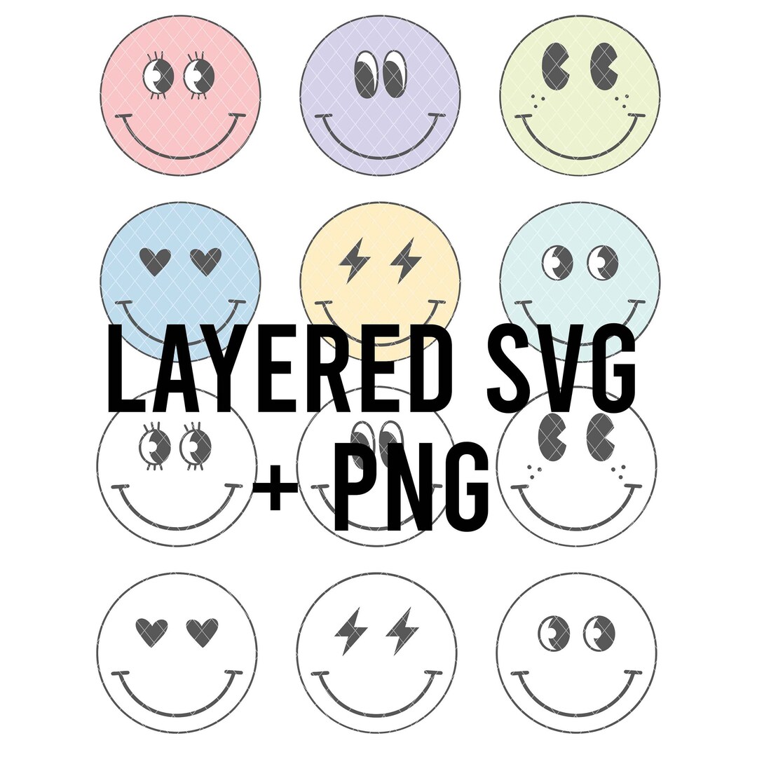 Retro Smile Face SVG Layered by Colour + PNG, Cricut Silhouette - Etsy