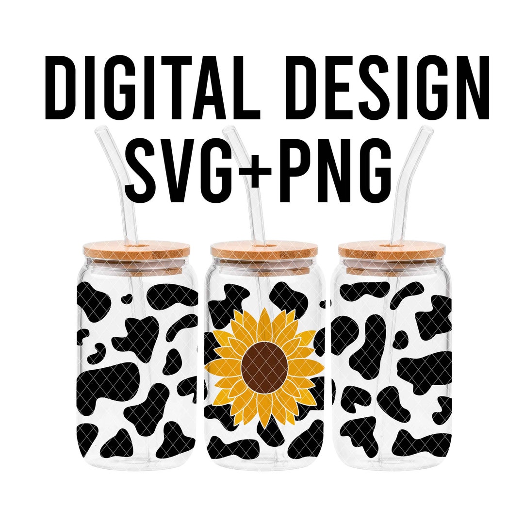 Sunflower Cow Print Can Glass SVG + PNG, Layered by Colour Cricut ...