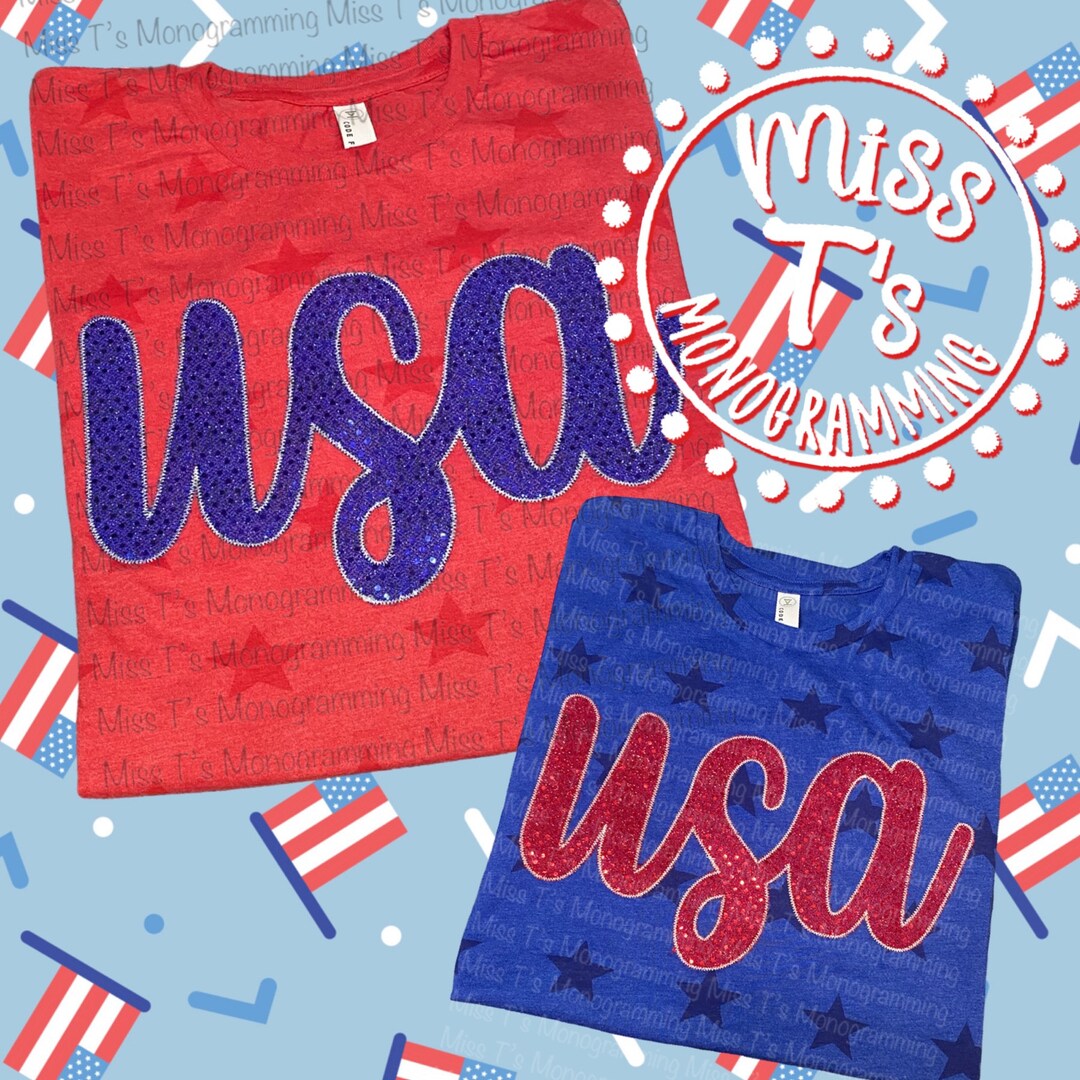 USA Script Sequin Applique Embroidered Stars Tshirt. You Pick Color ...